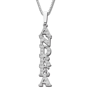 14K White Gold Block Vertical Name Plate w/ Star Accents and Box Chain ...