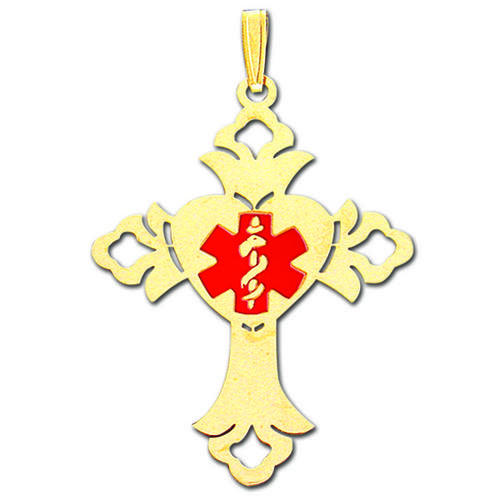 14K Filled Gold Cross Medical Charm W/ Red Enamel - PG83777