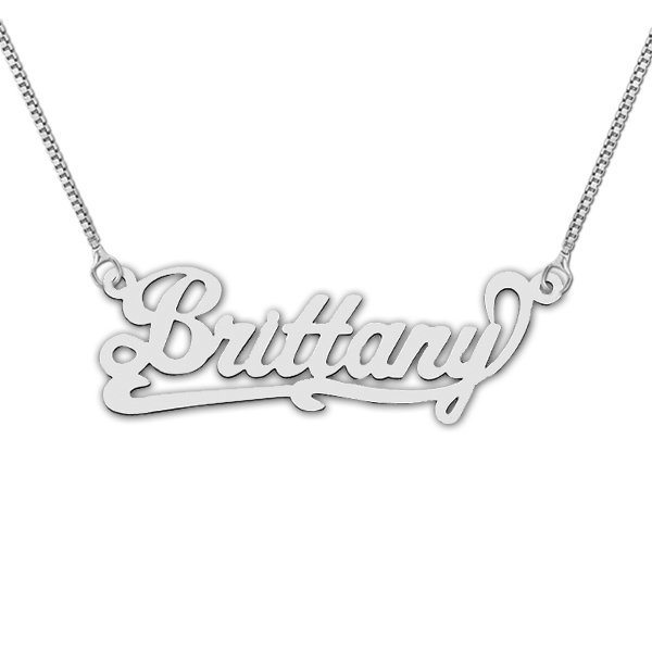 14K White Gold "Script" Style Horizontal Name Plate with Box Chain ...