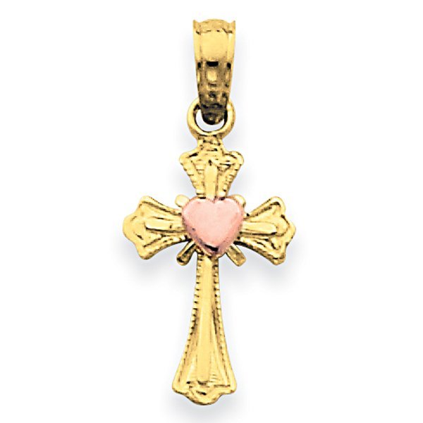 14k Two-tone Gold Budded Heart Cross Charm - PG80568