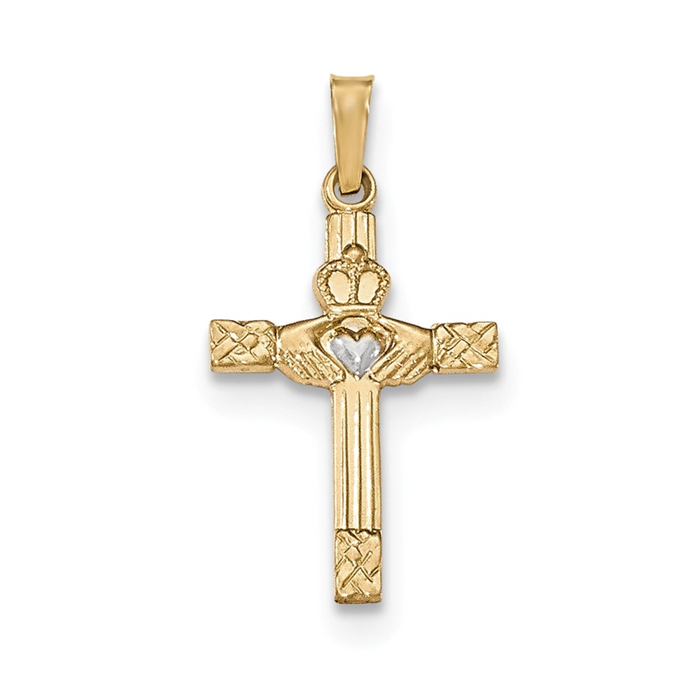 14k and Rhodium Polished Claddagh Cross Pendant - PG97897