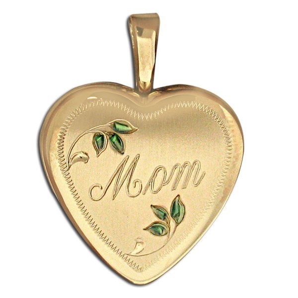 14K Gold Filled Yellow "MOM" Heart Locket w/ Green Enamel - PG76626
