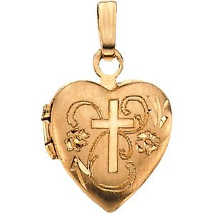 Solid 14k Yellow Gold Small Cross Heart Photo Locket - R16843