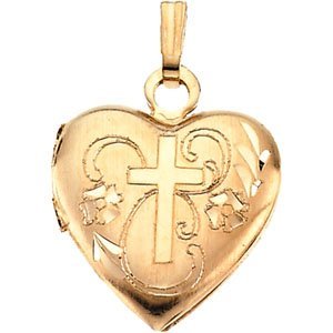 Solid 14k Yellow Gold Small Cross Heart Photo Locket - R16843