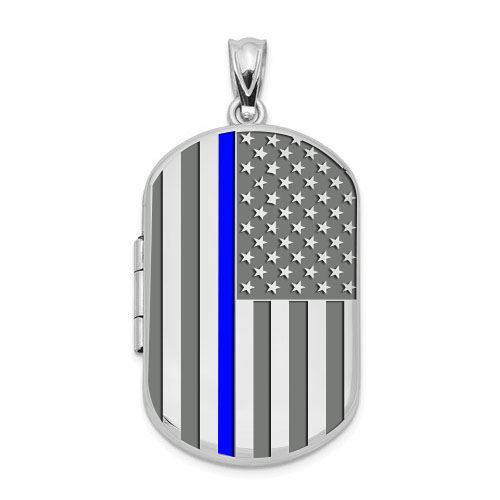 Sterling Silver Thin Blue Line Dog Tag Photo Locket - PG101176